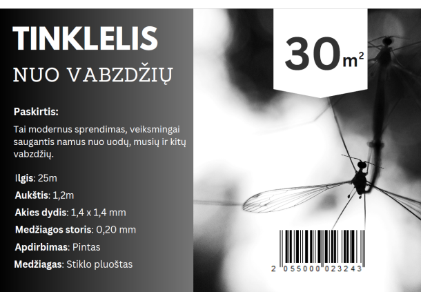 Tinklelis nuo vabzdžių, 1,4x1,4mm, 30m2